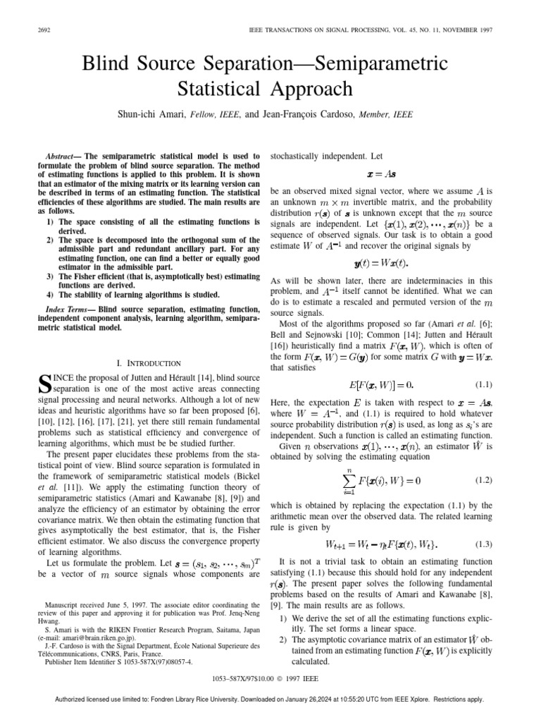 Blind Source Separation - Semiparametric Statistical Approach | PDF | Estimator | Matrix ...