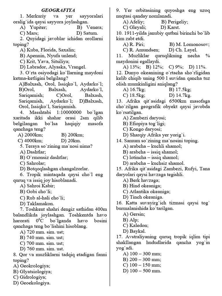 Geografiya Blok Test | PDF