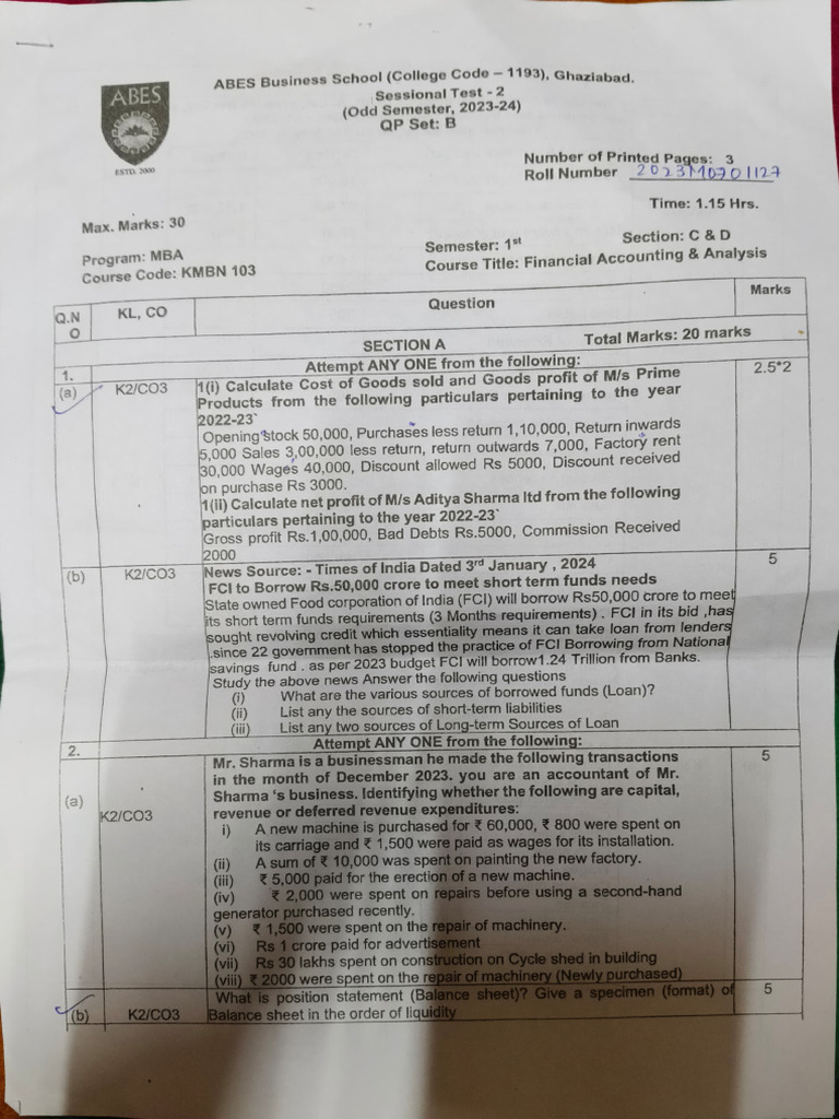 Roll Number 20) 31M090 1124: Semester: 1st Section: C &D | Download Free PDF | Balance Sheet | Loans