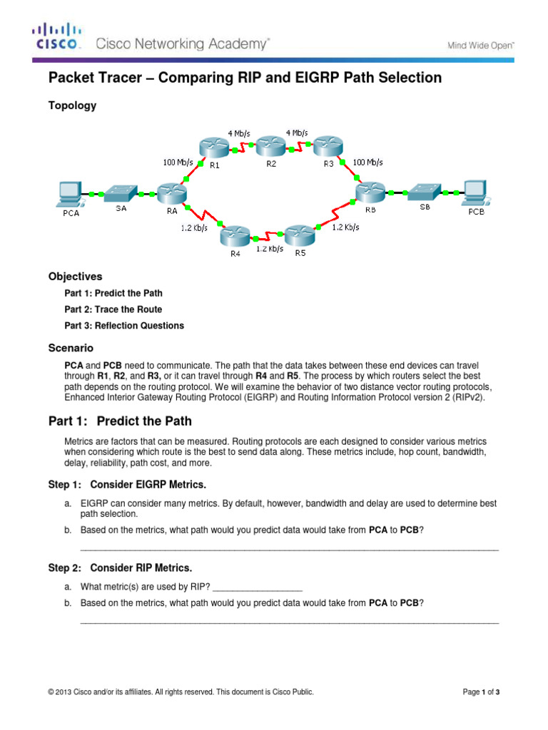 Packet Tracer - Comparing RIP and EIGRP Path Selection Instructions | PDF