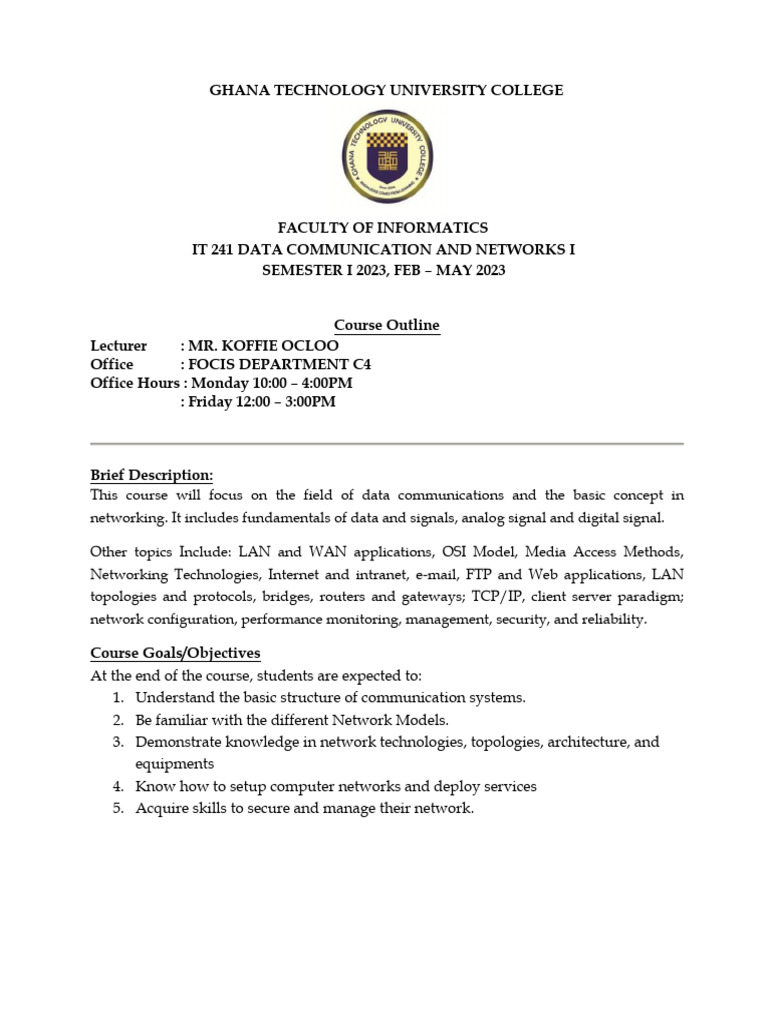 Course Outline Data Com I Sem I | PDF | Computer Network | Internet Protocol Suite
