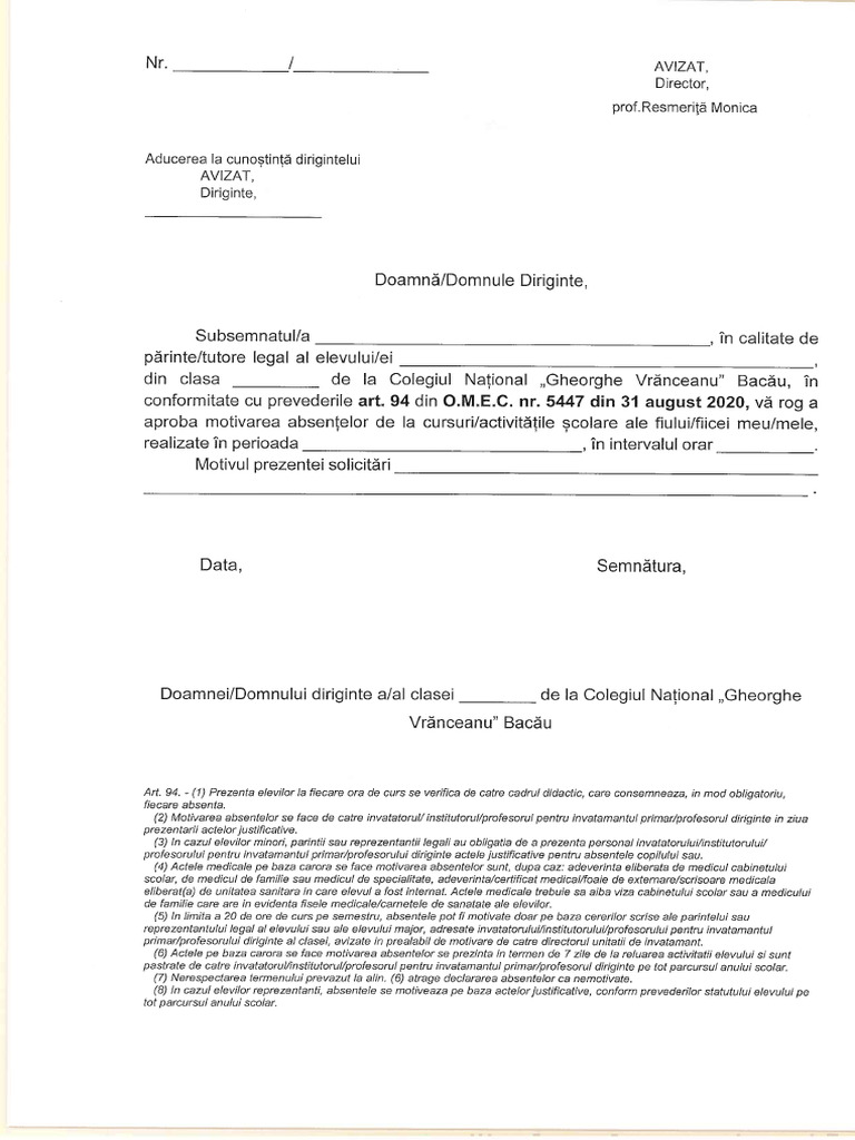 Cerere Motivare Absente Elevi | PDF