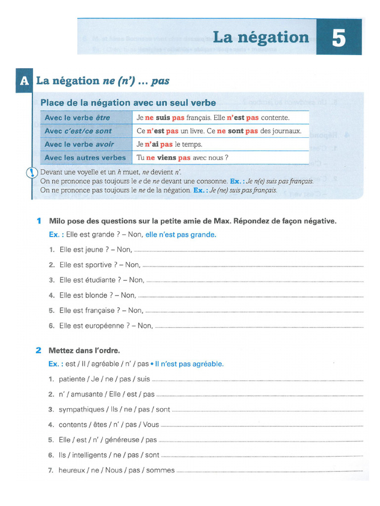 GRAMMAIRE A1 Négation | PDF