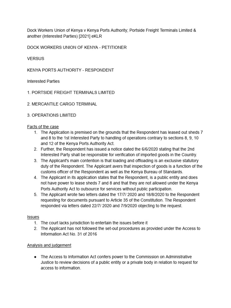 Dock Workers Union of Kenya V Kenya Ports Authority Portside Freight ...