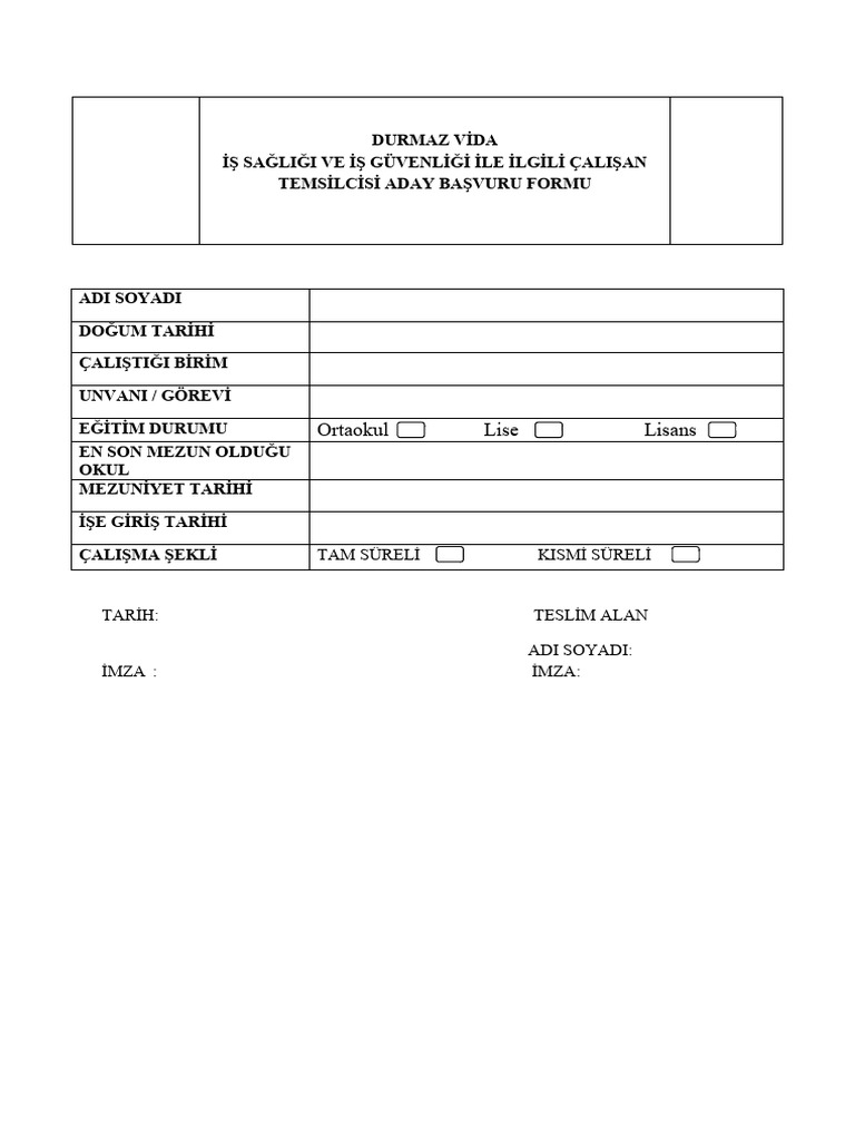 Temsi̇lci̇si̇ Aday Başvuru Formu | PDF