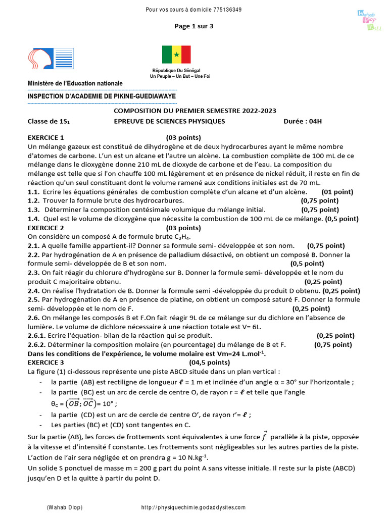 Épreuve de Sciences Physiques 1S1 | PDF | Alcène | Hydrogène