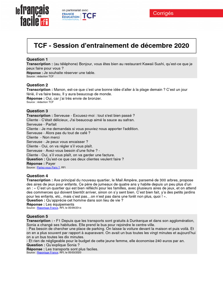 Entraînement TCF Décembre 2020 | PDF | Tourisme