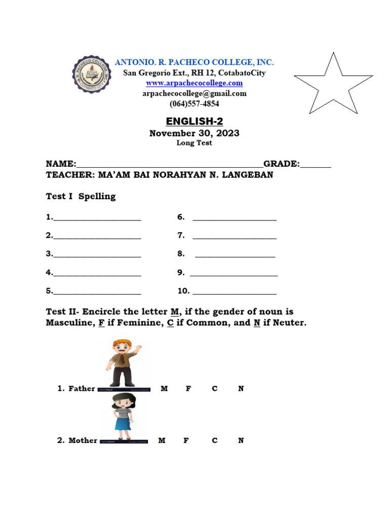 2nd Quarter Grade 2 Long Test | PDF