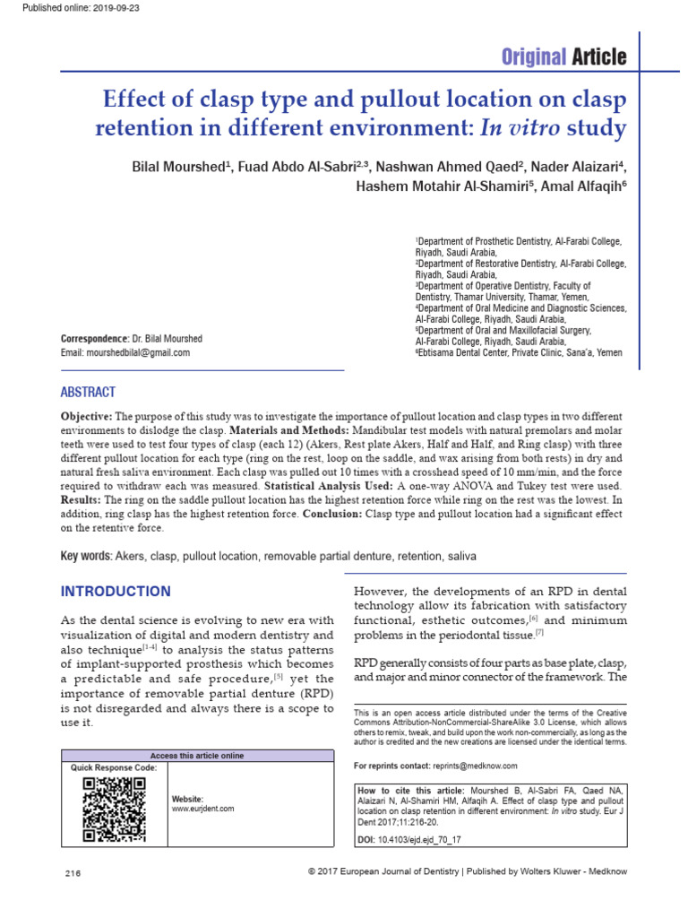 Effect of Clasp Type and Pullout Location On Clasp Retention in ...