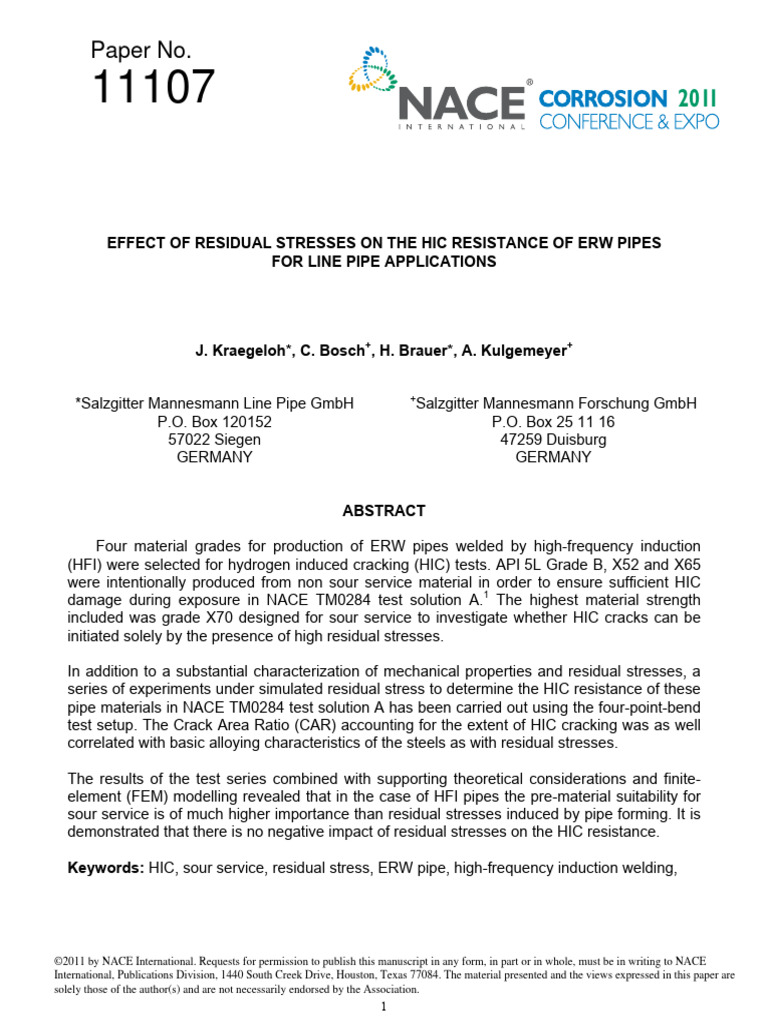 Effect of Residual Stresses On The HIC Resistance of ERW Pipes For Line ...