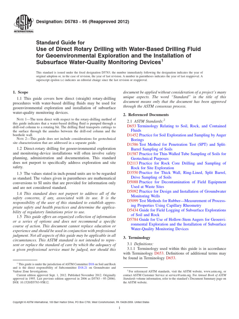 ASTM D 5783-95 (2012) - Use of Direct Rotary Drilling With Water-Based Drilling Fluid | PDF ...