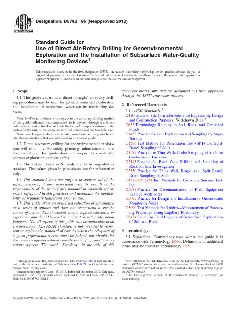 ASTM D 5782-95 (2012) - Use of Direct Air-Rotary Drilling For Geoenvironmental | PDF | Casing ...
