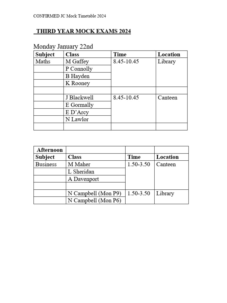 Confirmed JC 2024 Mock Timetable | PDF