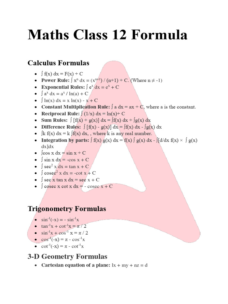Maths Class 12 Formula | PDF | Teaching Methods & Materials