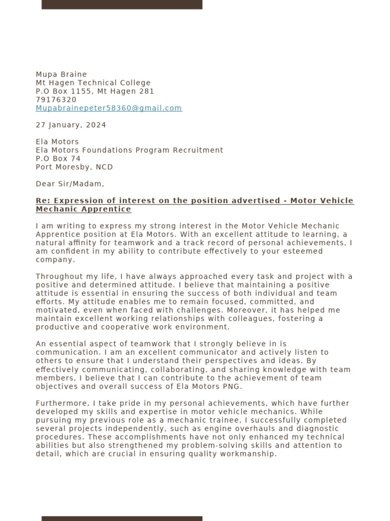 Cover Letter To Ela Motors PNG | PDF