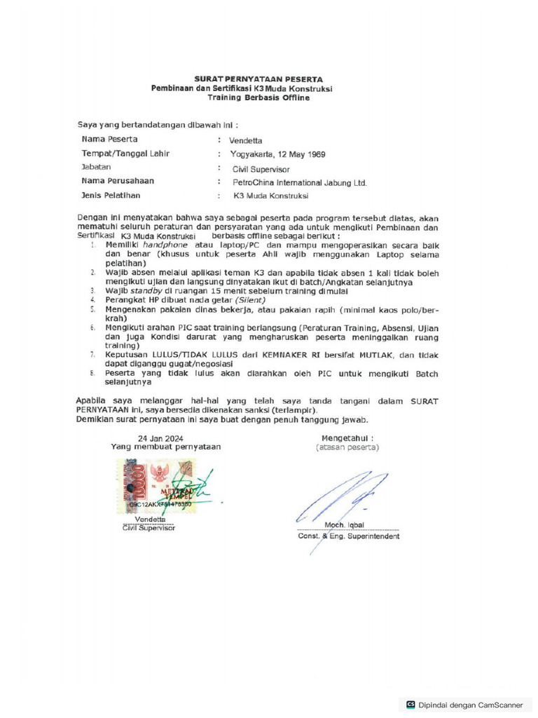 Surat pernyataan Training K3 | PDF