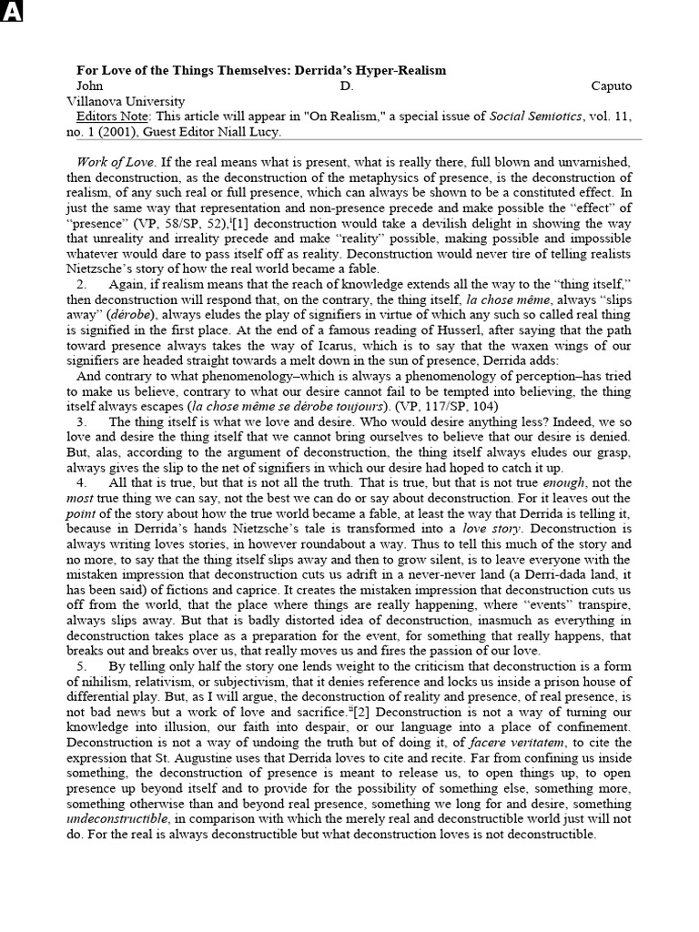 For Love of The Things Themselves Derrida S Hyper-Realism | PDF | Deconstruction | Phenomenology ...