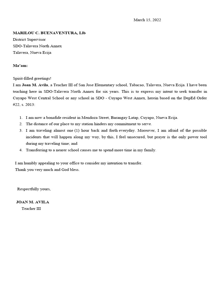 Letter Request For Transfer | PDF