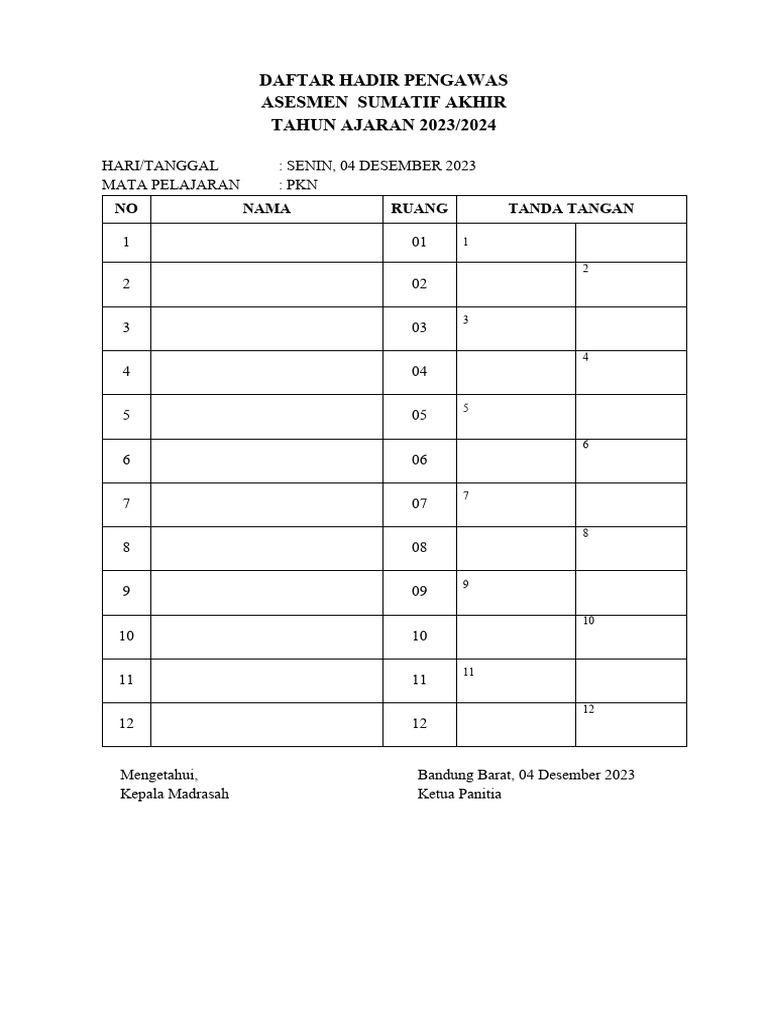 Daftar Hadir Pengawas | PDF