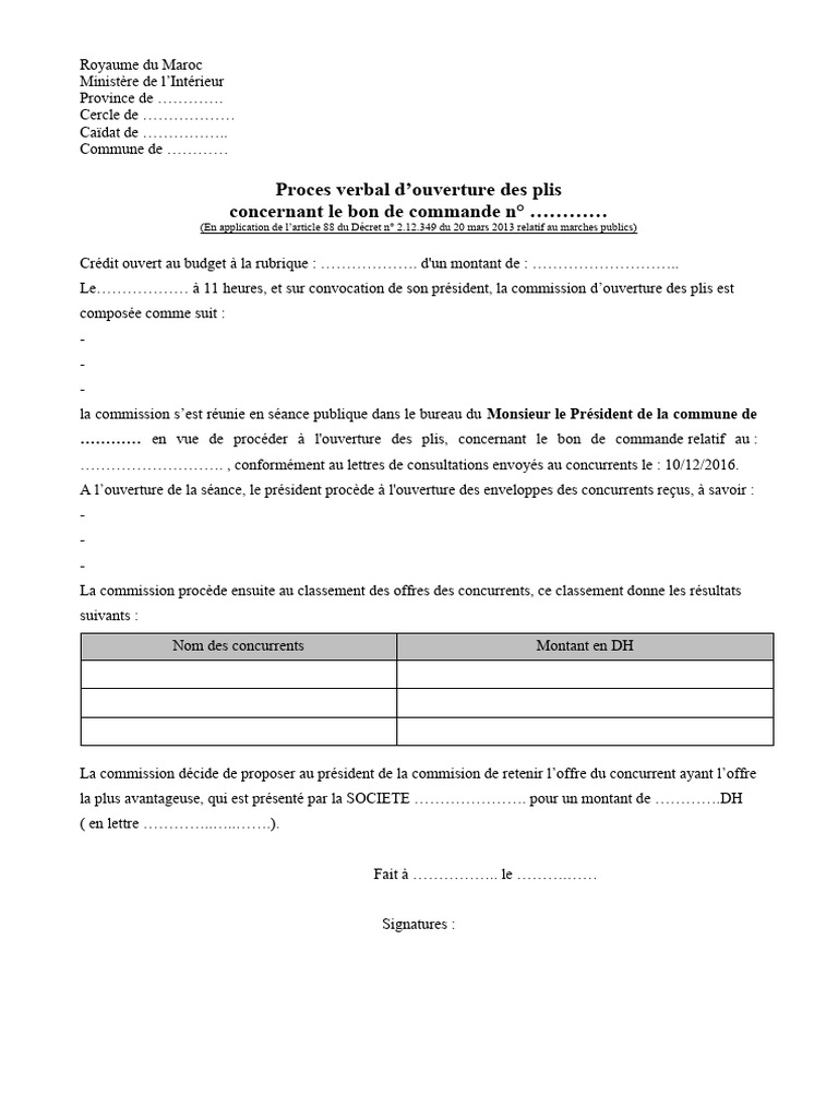 Proces Verbal D'ouverture Des Plis Concernant Le Bon de Commande | PDF | Affaires | Finance et ...