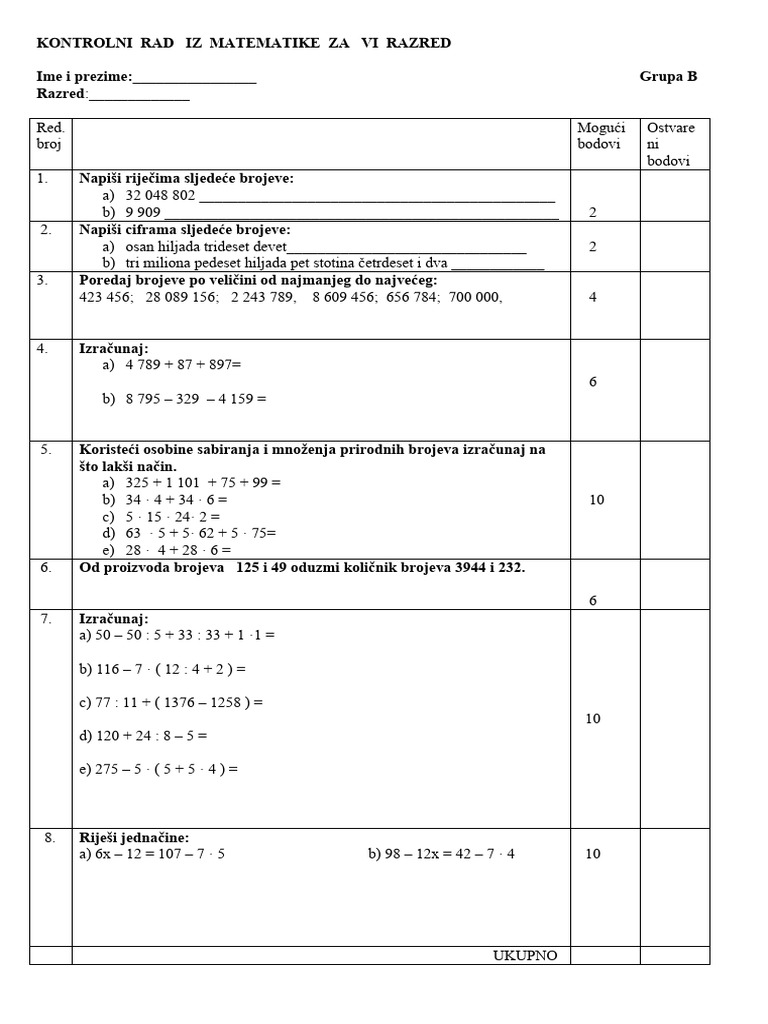 KONTROLNI RAD IZ MATEMATIKE ZA VI RAZRED Gr. B | PDF