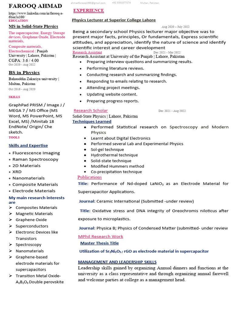 Aqeel Resume One Page - Scholarhsip Network | PDF | Physics | Graphene