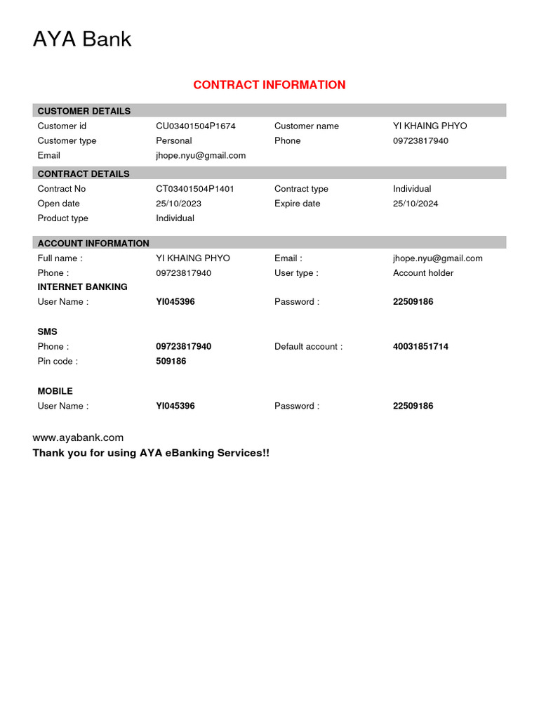 AYA Bank Contract and Account Details | PDF | Law