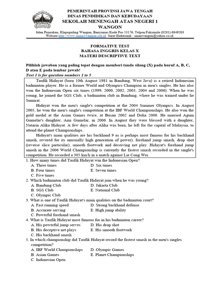 Descriptive Text Test for Grade 10 | PDF | Association Football | Sports