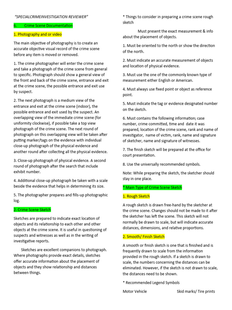 Specialcrimeinvestigation Reviewer | PDF | Crime Scene | Evidence