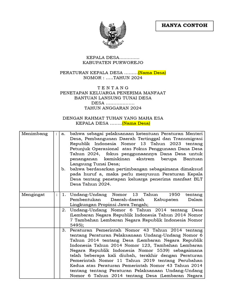 Contoh Perkades KPM BLT Desa 2024 | PDF