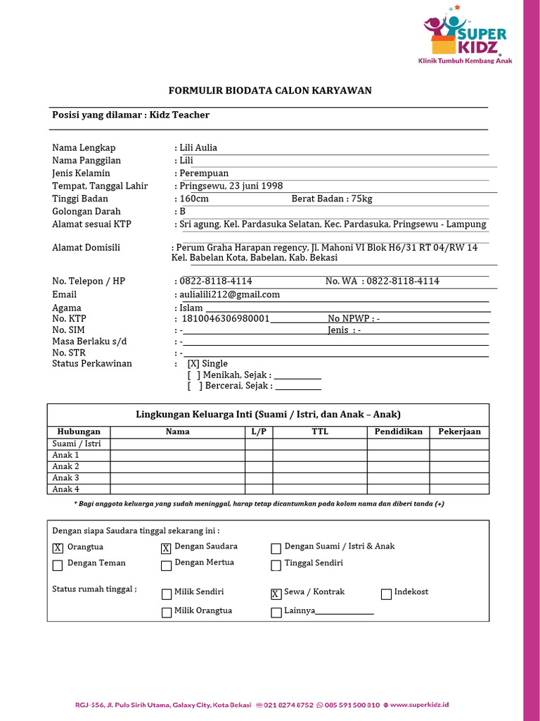 Biodata Lili Aulia untuk Posisi Kidz Teacher | PDF