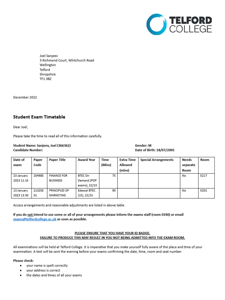 Exams New - Timetable Letter | PDF