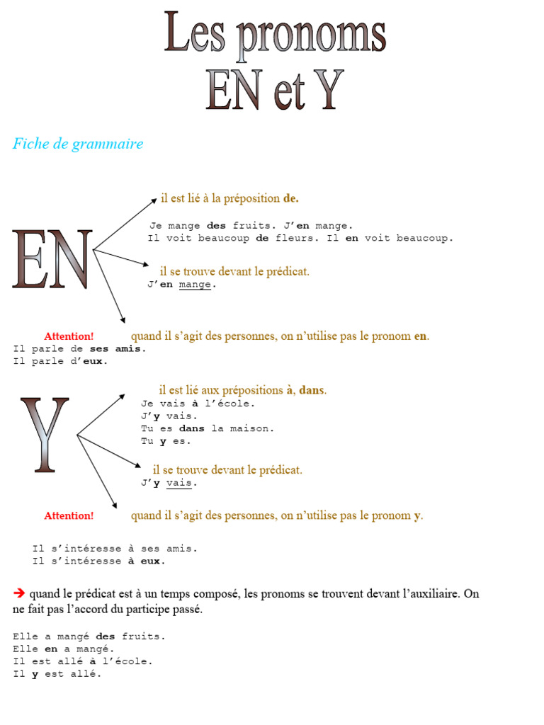 Les Pronoms en Et y | PDF | Pronom | Prédicat (Grammaire)