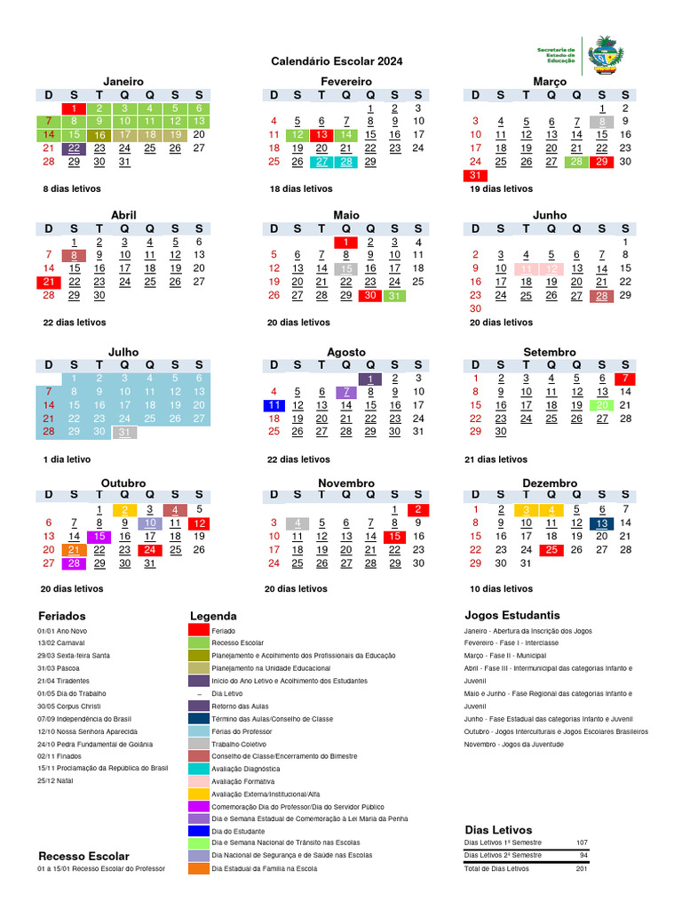Calendário Escolar 2024 e Feriados | PDF