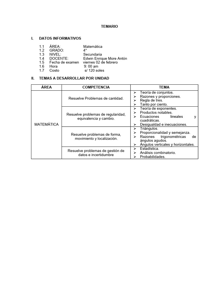 Temario - 4sec - Mat - Vaccional SLG 2024 | PDF