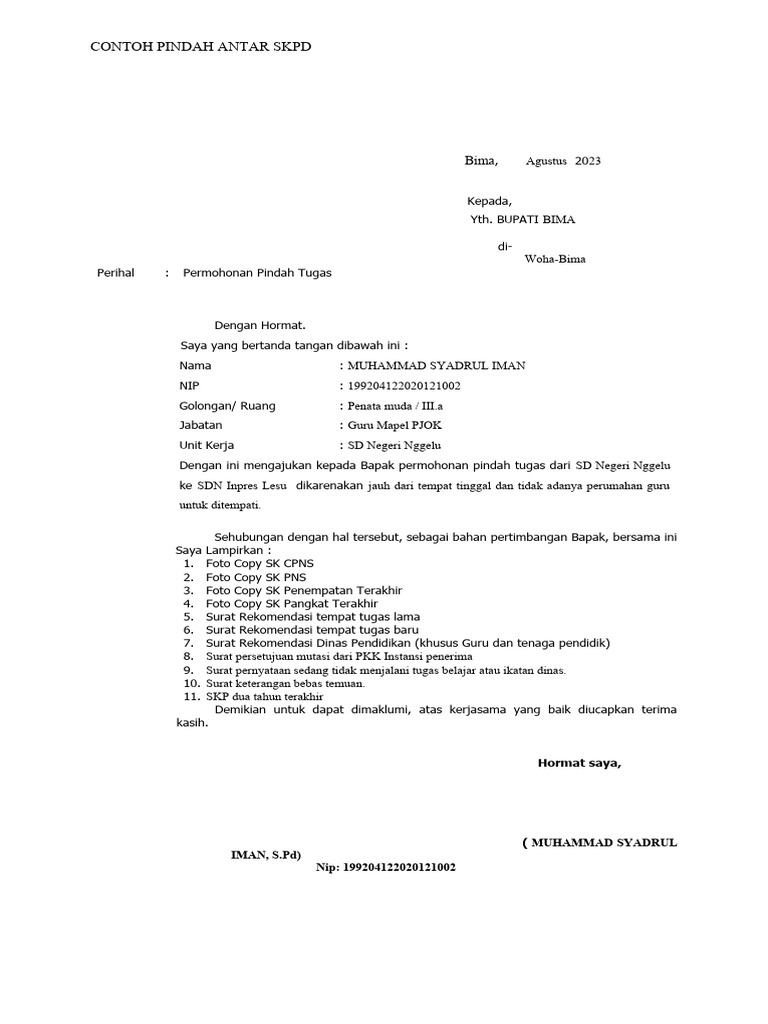Contoh Surat Permohonan Pindah Antar SKPD | PDF