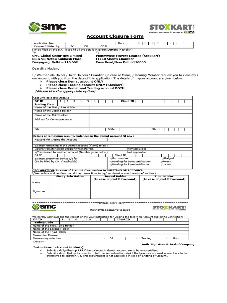 SMC Demat Account Closure Form | PDF | Service Industries