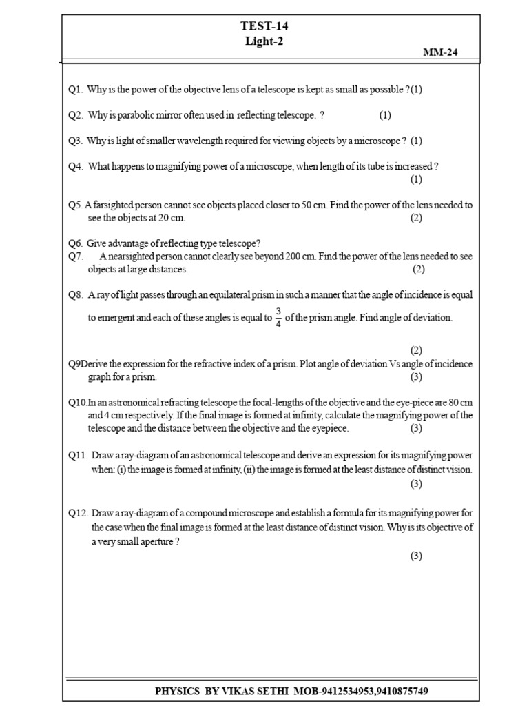 Optics Questions for Class 12 Students | PDF | Telescope | Glass ...