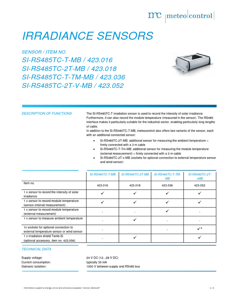 DB Irradiance Sensor SI-RS485TC-T - 2T-Tm - MB en | PDF