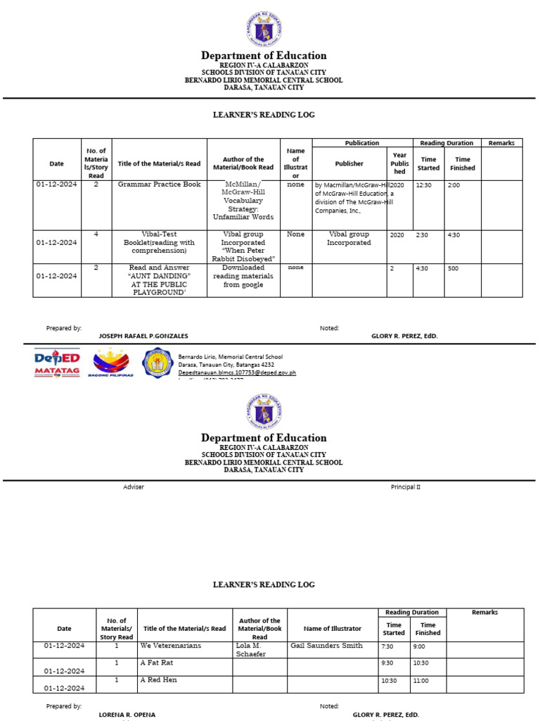 Catch-Up Friday Grade Four Log Sheet | PDF | Psycholinguistics ...