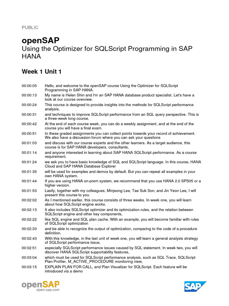 openSAP Hanasql2 Week 1 Transcript EN | PDF | Parameter (Computer Programming) | Sql