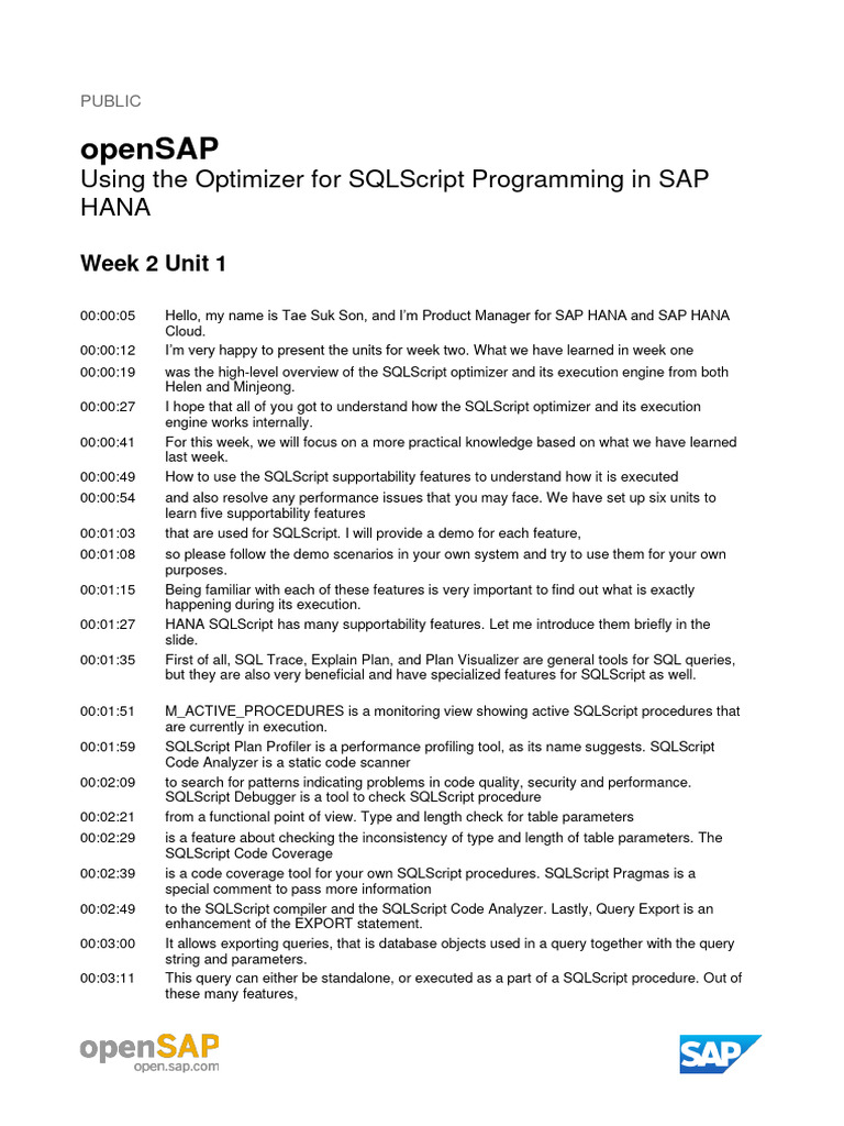 openSAP Hana2ql2 Week 2 Transcript EN | PDF | Parameter (Computer Programming) | Debugging