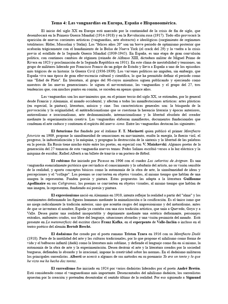 Tema 4. Las Vanguardias en Europa, España e Hispanoamérica | PDF ...