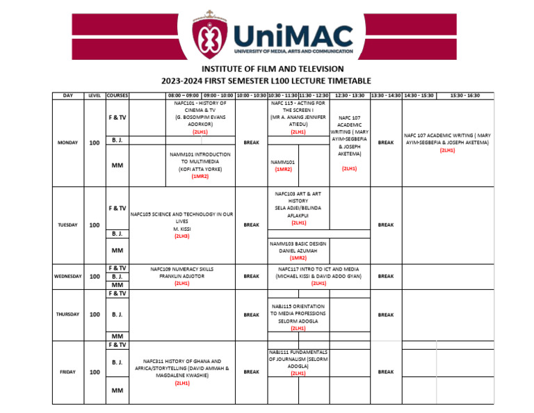 Ift TT 2023 2024 First Semester l100 Lecture Timetable | PDF