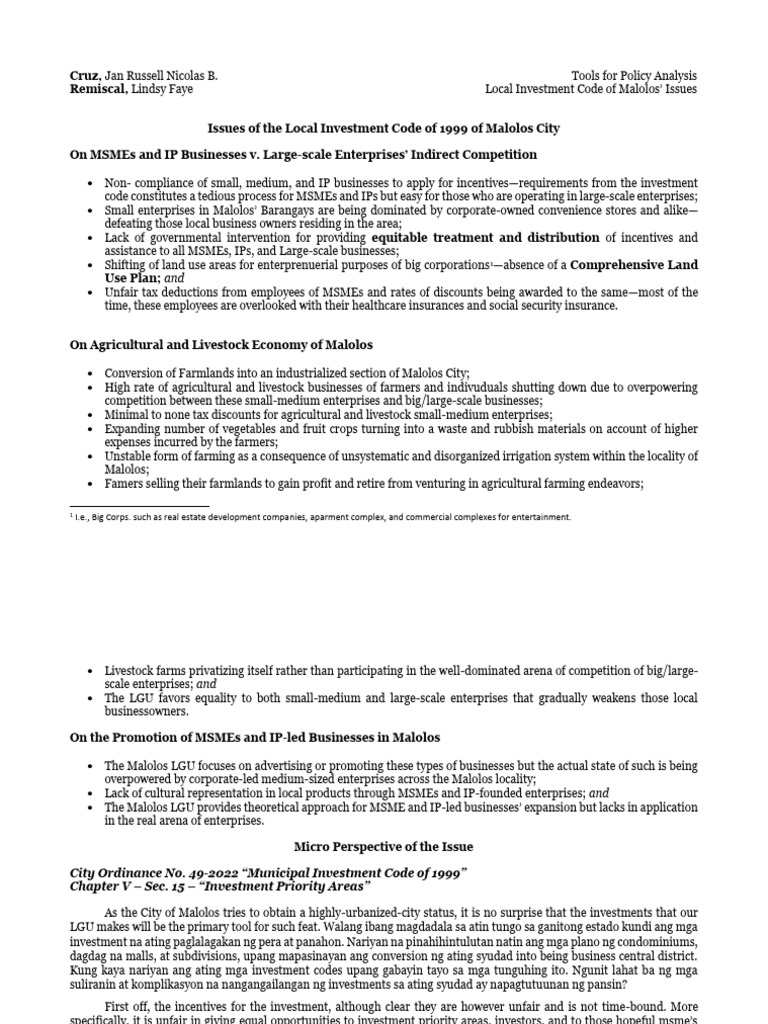 Issues of The Local Investment Code of The City of Malolos, Bulacan ...