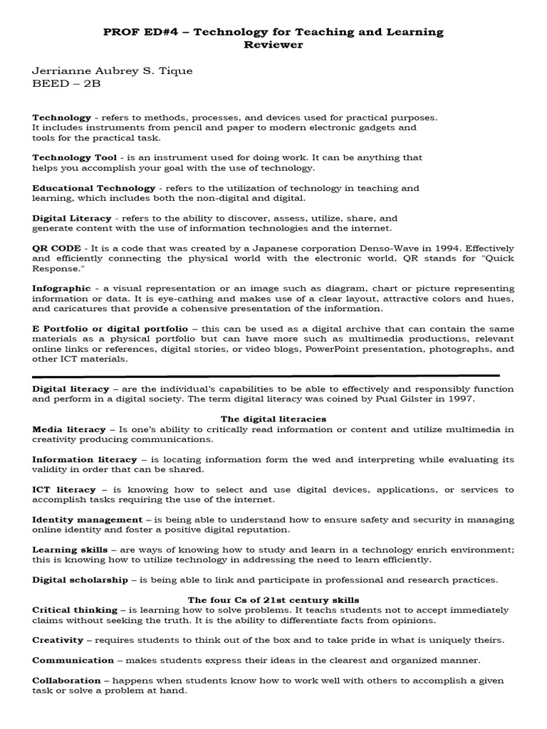 Prof Ed4 Reviewer Jerrianne Aubrey S. Tique Beed 2B | PDF | Educational Technology | Learning
