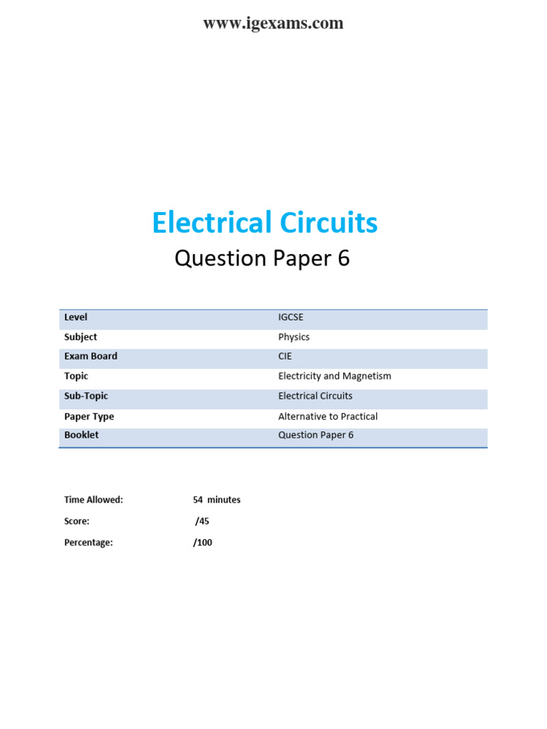 43.6 Electric Circuits CIE IGCSE Physics Practical QP | PDF | Voltage | Series And Parallel Circuits