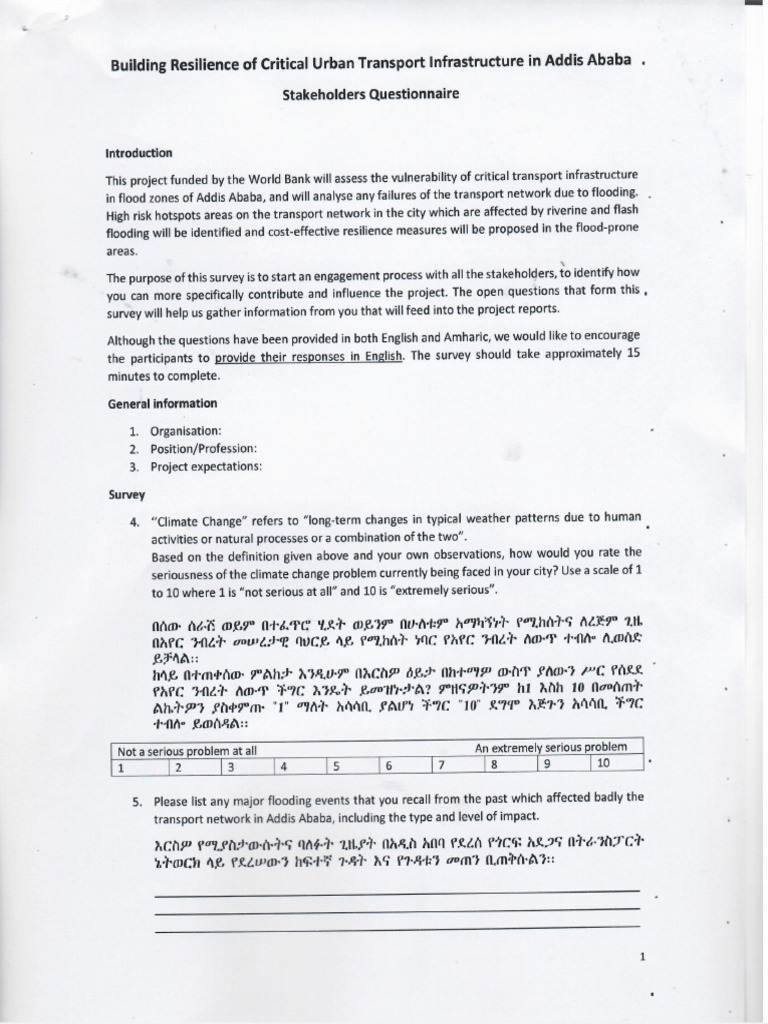 Stakeholders Sruvey Questionnaire - in Amharic | PDF