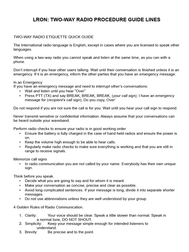 LRON Two Way Radio Procedure Guidelines | PDF | Information And ...