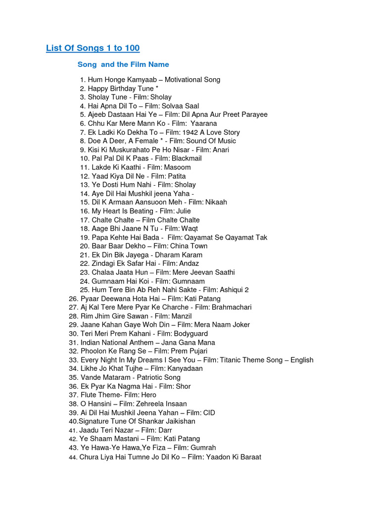 List of Songs 1 To 100 | PDF